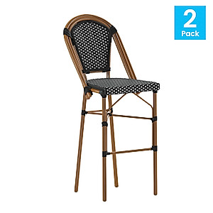 BizChair Set of 2 Stackable Indoor/Outdoor Bistro 30" High Barstools, Commercial Grade, Black/White and Bamboo Finish