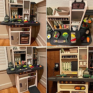 Roxie Play Kitchen Set for Girls, Pink Kitchen with Realistic Lights & Sounds, Play Sink with Runnng Water, Cooking Stove with Steam, 65 PCS Jumbo Kitchen Toys for Kids