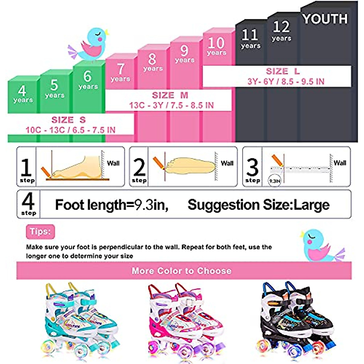 Woolitime Adjustable Roller Skates for Girls and Boys, 4 Size Adjustable Toddler Roller Skates for Kids with All Wheels Light Up, Patines para Niñas Niños