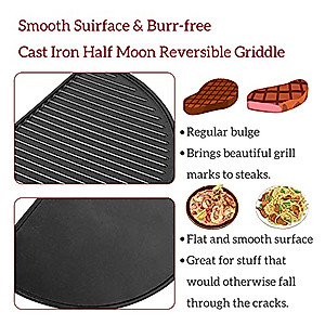 KAMaster 18" Half Moon Cast Iron Reversible Griddle for Large Big Green Egg and Other 18in Kamado Grills BGE Cooking Grate BBQ Accessories