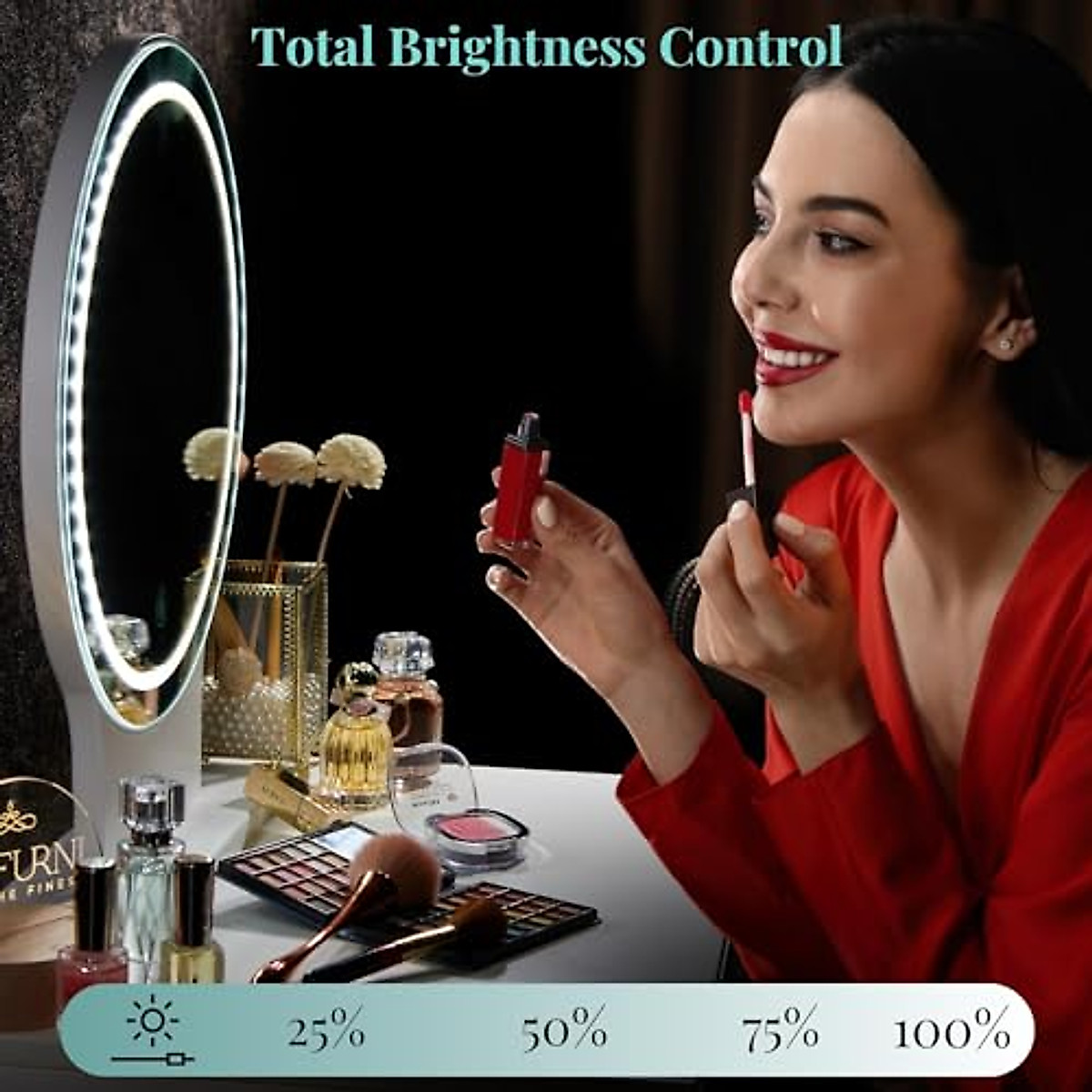 LUXFURNI Vanity Desk with Lighted Mirror, Makeup Vanity Table Set, Adjustable Brightness, Large Drawer Sturdy Wood, Soft Chair Dresser Desk for Bedroom (White, 24x16x44.5H)