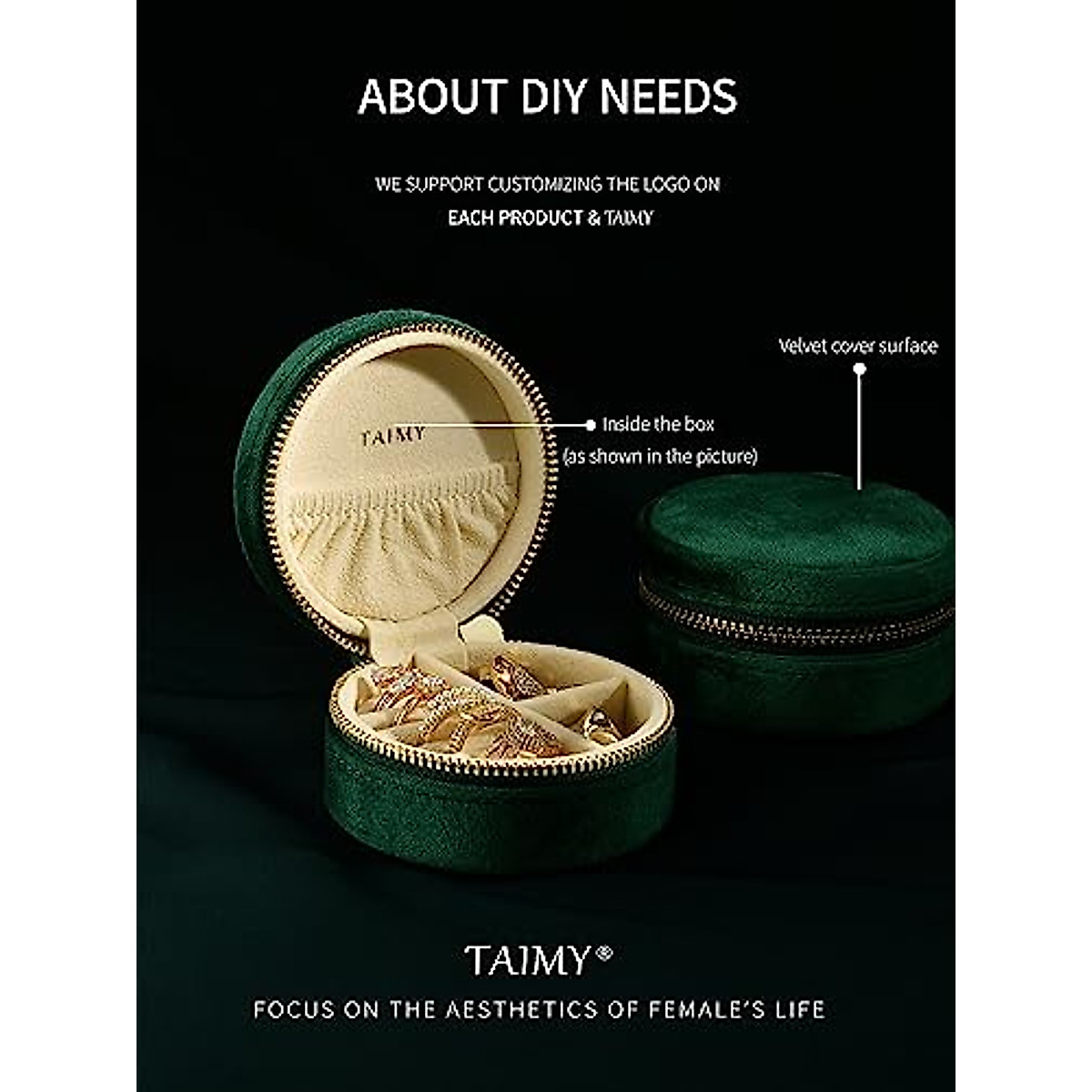TAIMY Velvet Travel Jewelry Box, Round Small Travel Jewelry Case for Women Girls, Portable Mini Jewelry Travel Organizer Boxes for Rings Earrings Necklaces Bracelets(Dark Emerald)