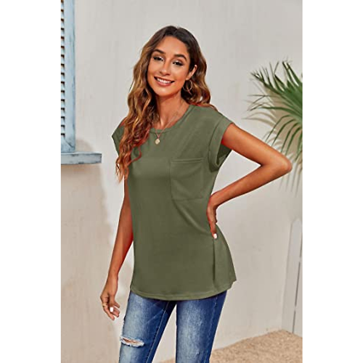 Women's Summer Casual Tops Cuffed Short Sleeve Oversized T Shirts Loose Fit Blouses