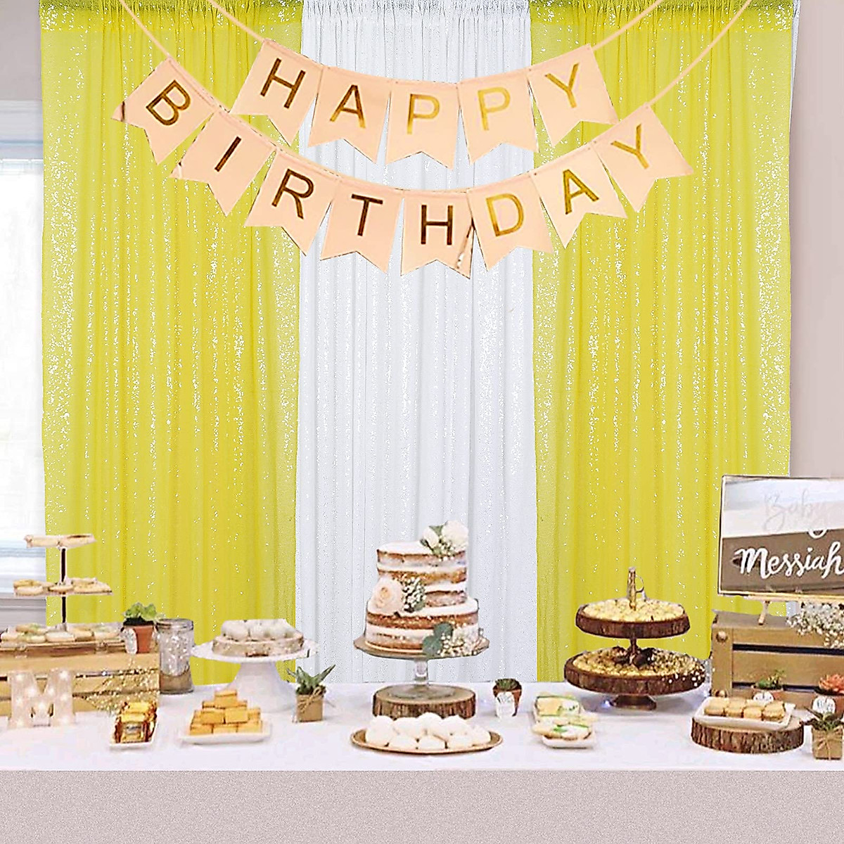 ShinyBeauty Sequin Curtains 2 Panels 2FTx7FT Yellow Sequin Backdrop Curtain Party Photography Background for Wedding Birthday Bridal Baby Shower