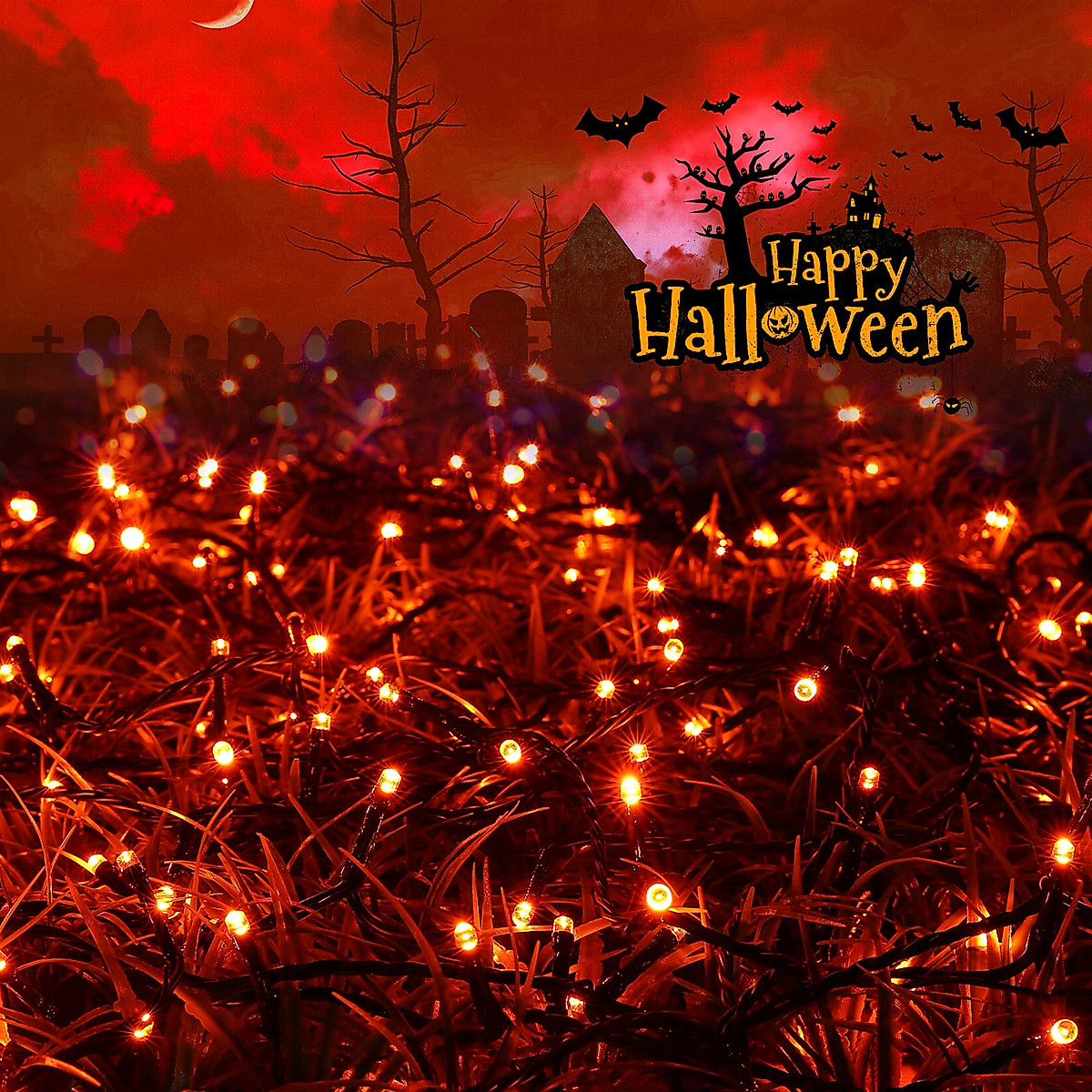 Flacchi Orange Net Lights 7 ft x 5 ft 200 LED 8 Modes Low Voltage Mesh Tree Lights Connectable Green Wire String Lights for Christmas Trees, Bushes, Garden, Halloween Outdoor Decorations