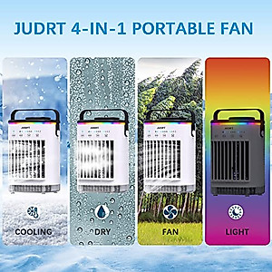 JUDRT Portable Air Conditioners, Mini Evaporative Air Cooler, 4 in 1 Upgraded Personal Desk Fan with 7 Colors Light, Powerful 4 Speeds & Cool Air Sprays Humidify AC for Room Office Table Home School