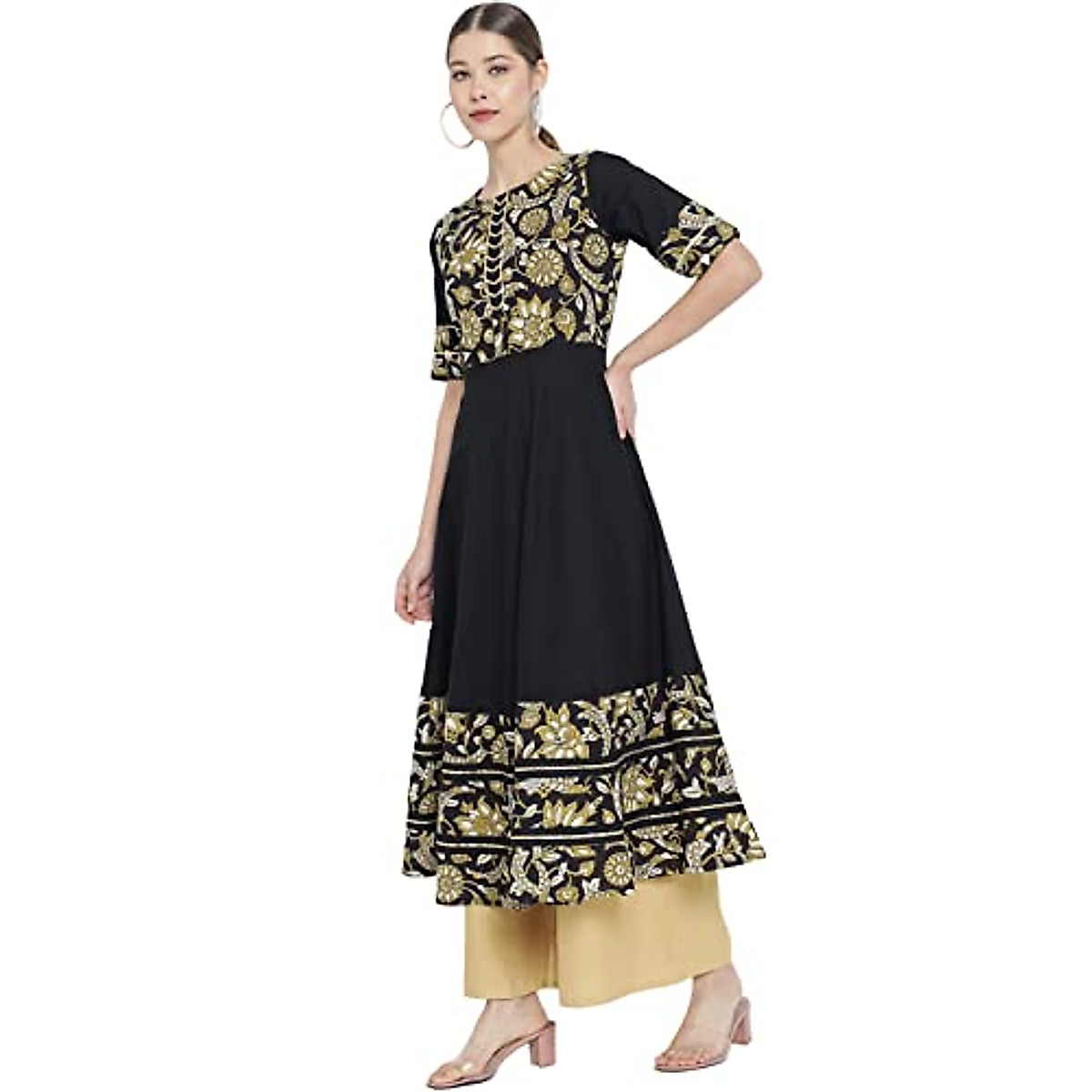Yash Gallery Women's Cotton Floral Print Anarkali Kurta (Black)