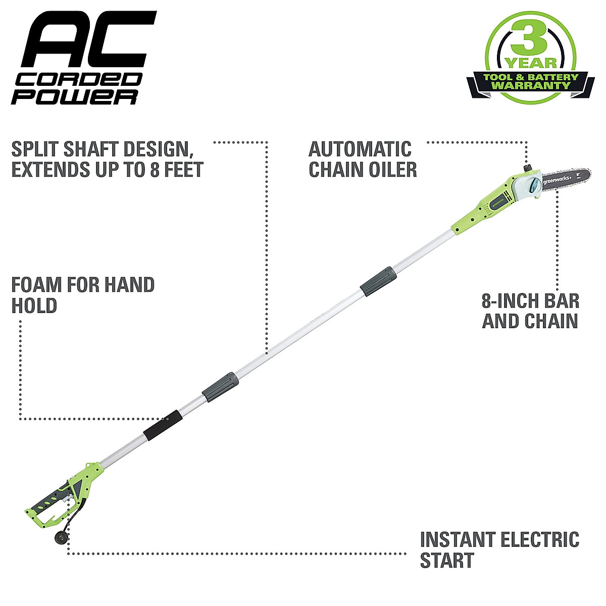 Greenworks 20192 8.5-Inch 6.5 Amp Electric Corded pole saw, Green