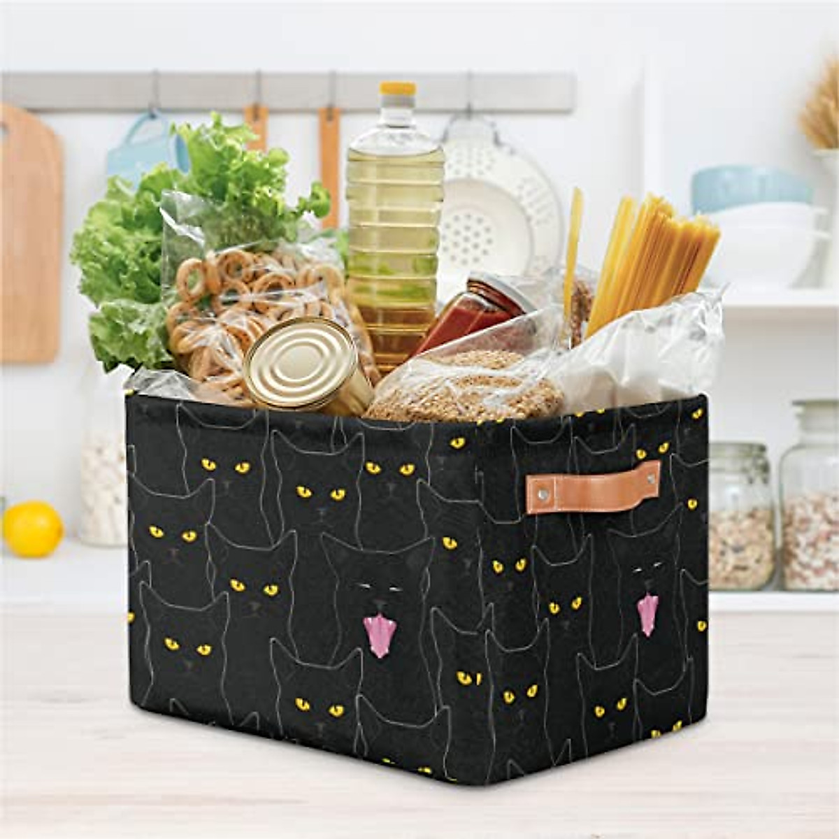 Storage Basket Bin,Night Cat Large Fabric Storage Box with Handles,Cat Collapsible Decorative Baskets Organizer Basket for Nursery Bedroom Office