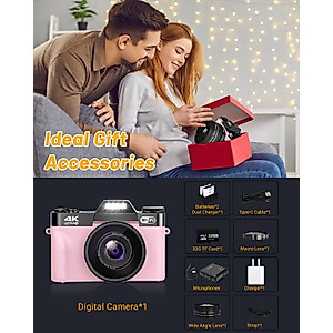 Digital Camera for Photograohy and Video VJIANGER 4K 48MP WiFi Vlogging Camera with 180° Flip Screen, 16X Digital Zoom, 52mm Wide Angle & Macro Lens, 2 Batteries and 32GB TF Card(W02-Pink32)