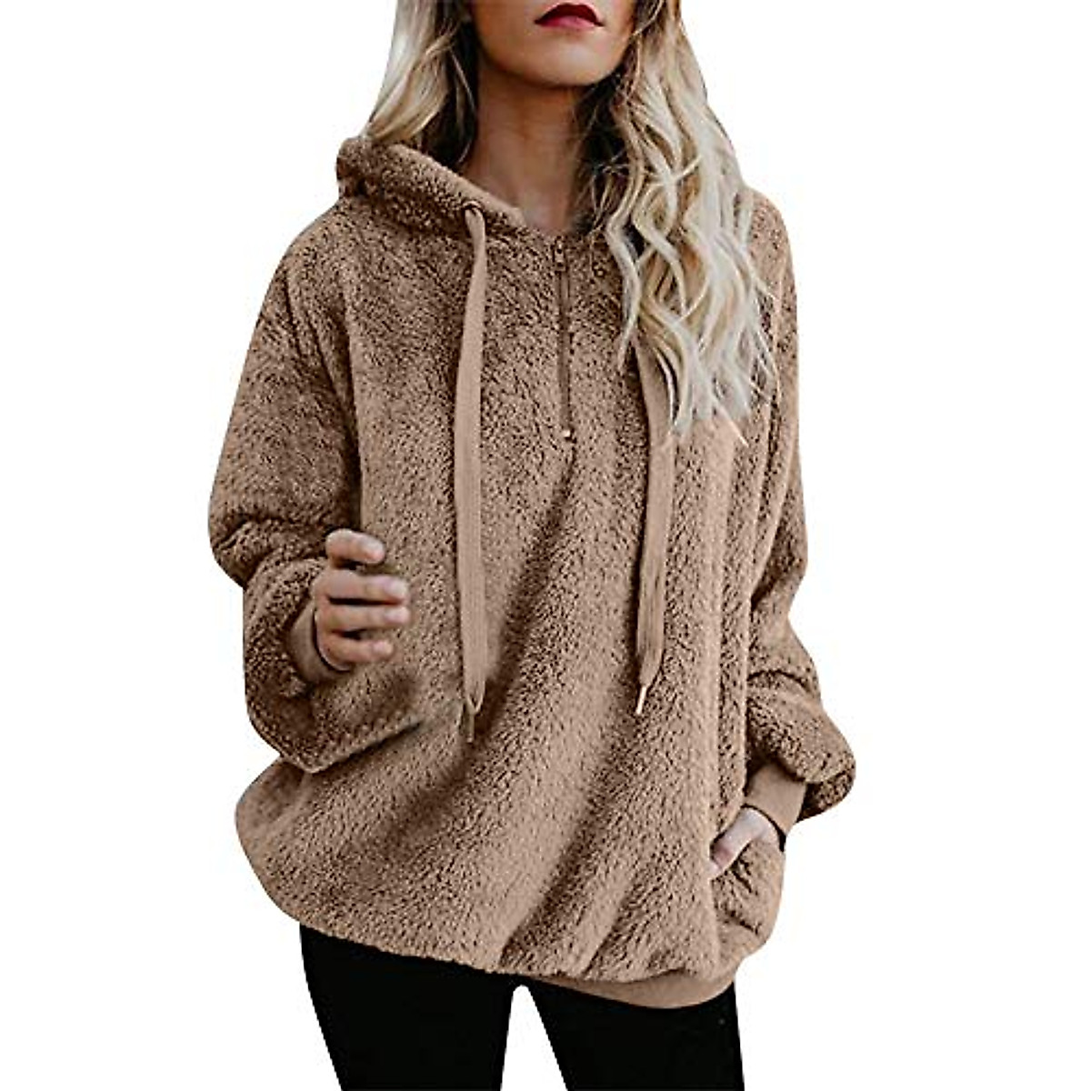Blouse for Women Long Sleeve Kimloog Women Hooded Sweatshirt Coat Winter Warm Wool Zipper Pockets Cotton Coat Outwear [video game] [video game] Khaki