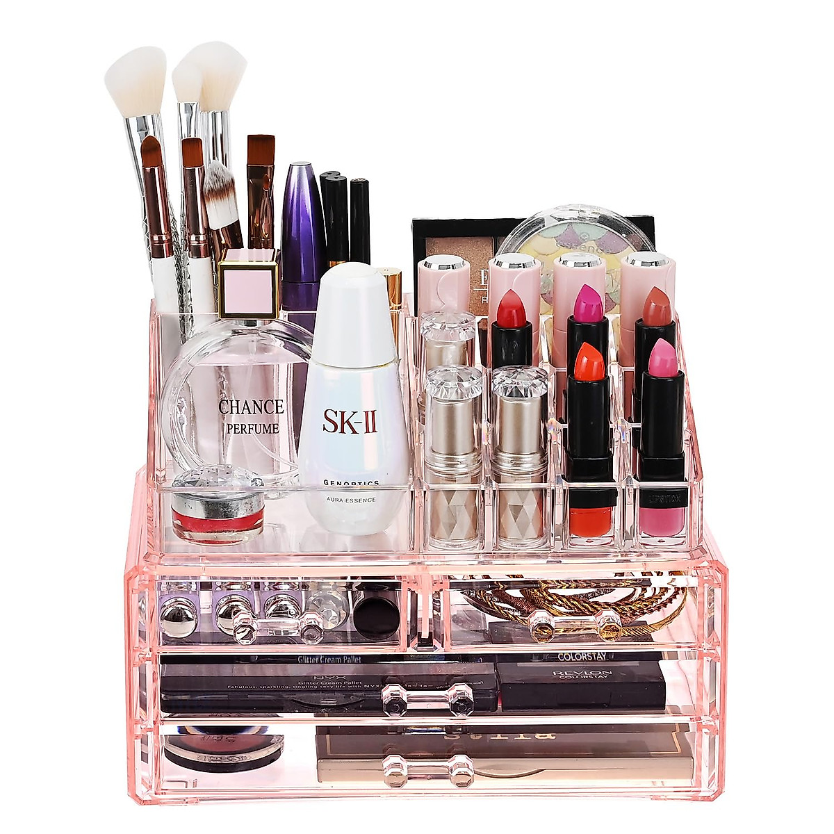 Ikee Design Pink Jewelry & Cosmetic Storage Display Boxes Two Pieces Set, Organizer Makeup Holder, for Vanity