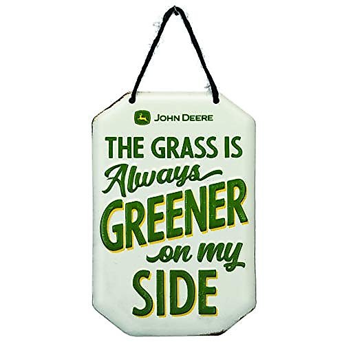 Open Road Brands John Deere Grass is Greener On My Side Embossed Metal Hanging Sign - Small John Deere Sign for Home Decorating - Great Gift Idea