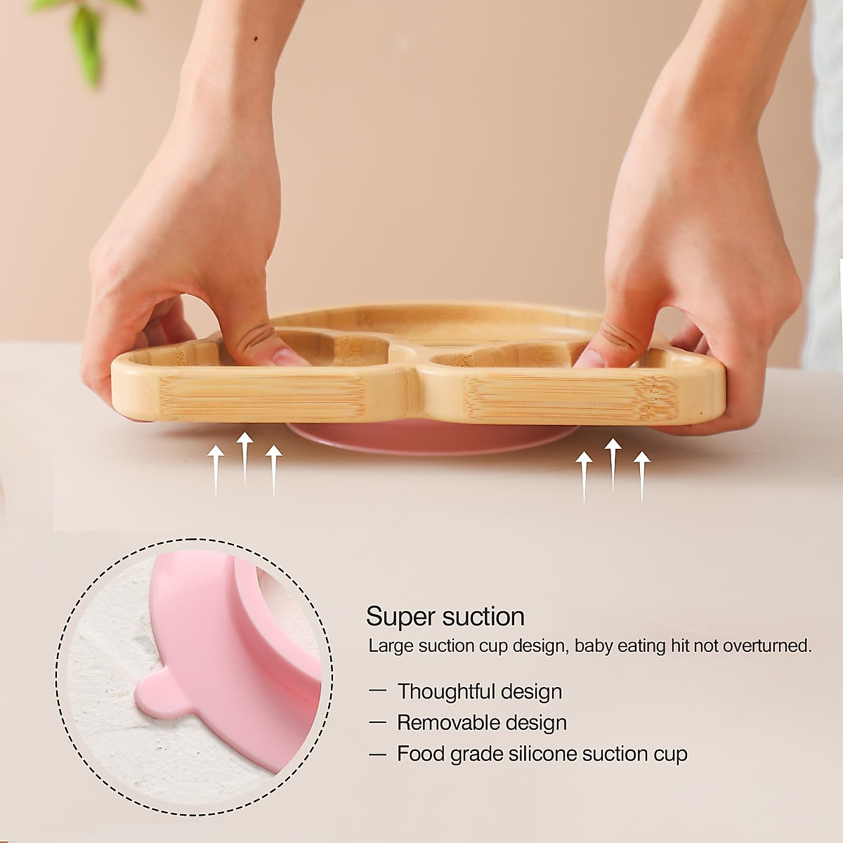Bamboo Suction Plates Bowls Set for Baby Toddler Divided Platter Food bowl with Silicone Fork & Spoon All-Natural Baby Feeding Set for Baby-Led Weaning, Non-Slip Design