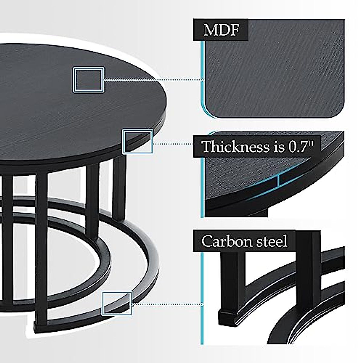 MASAKA B&W 27.5 Inch Round Wood Tables 2 Pack, Coffee Tables for Living Room Set of 2, Small Coffee Tables for Small Spaces, Center Table Modern Black with White