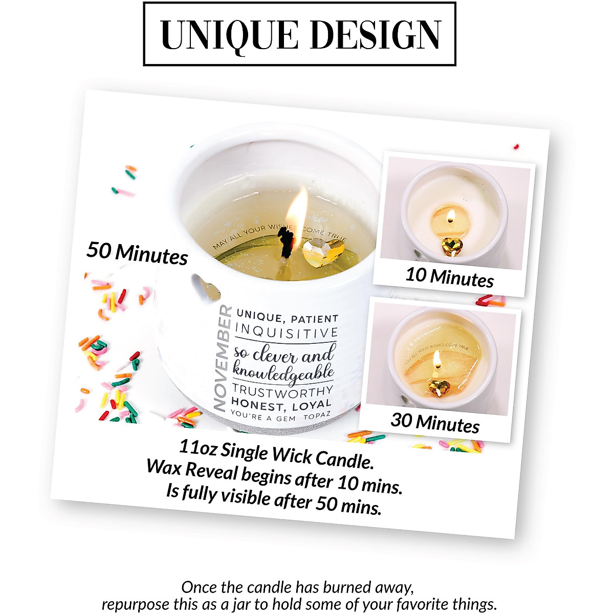 Pavilion GIft Company - November 11 oz Wax Reveal Candle, Natural Soy Wax Birthstone Candle, Jasmine Scented, Gemstone Candle with Crystal Inside, Birthday Gifts for Women, 1 Count