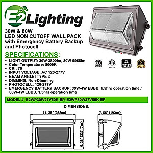 E2 Lighting Non Cut Off LED Wall Pack with Emergency Battery Backup/Photocell, RoHs Compliant UL and DLC Certified LED Wall Packs Commercial, 5 Year Warranty (80W)