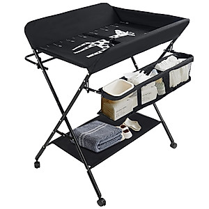 RedSwing Portable Baby Changing Table, Adjustable Height Diaper Changing Station with Wheels, Folding Changing Table with Safety Belt and Large Storage Rack for Newborn Baby and Infant, Black