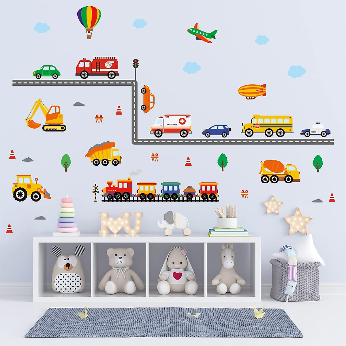 DECOWALL DS-8047 Transports Wall Decals Stickers Kids Peel and Stick Removable Nursery Bedroom Living Construction Boys Childrens Toddler car d?cor playroom playroom Vehicles Truck City Road Baby