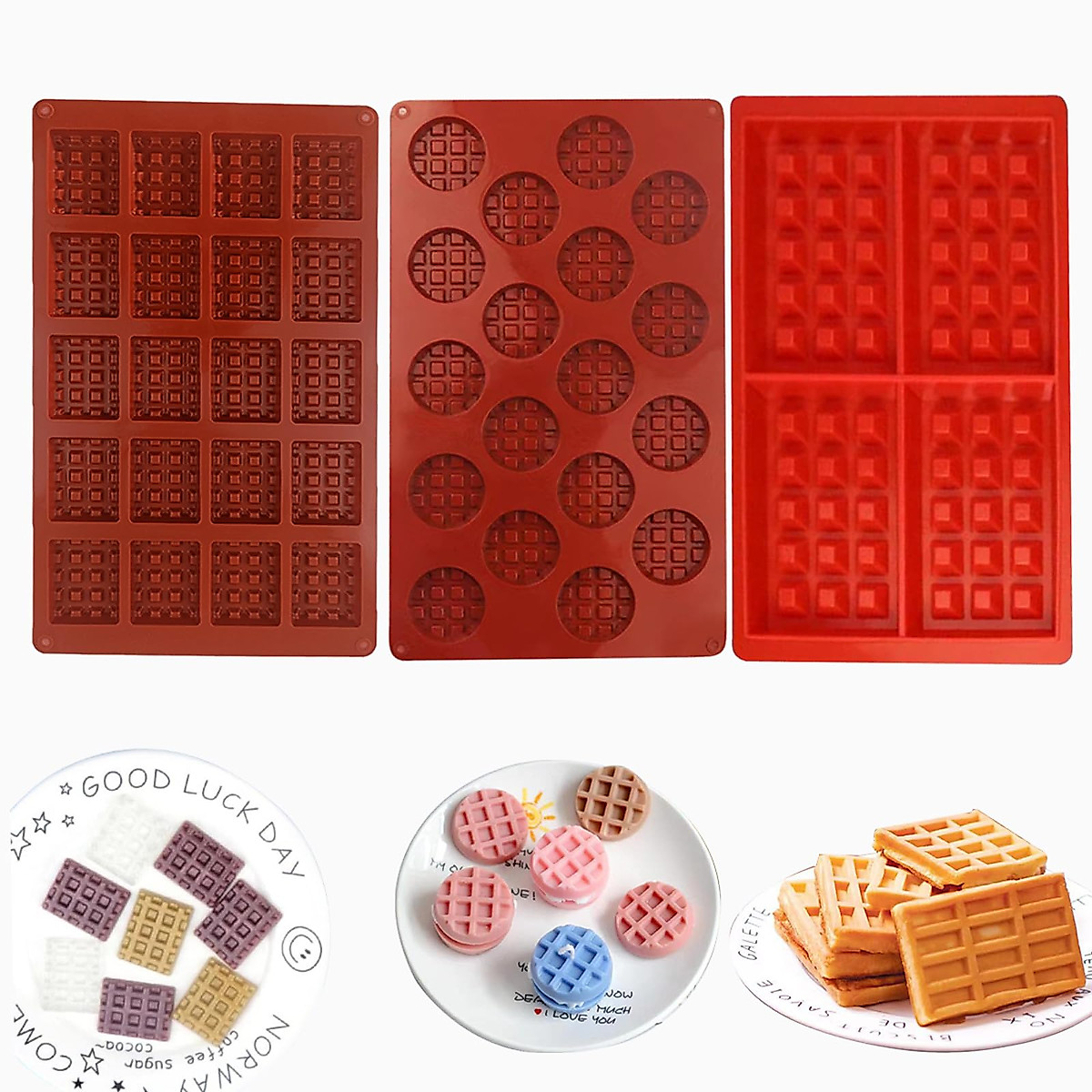 HYCSC 3 Pack Waffle Silicone Mold - 4 Cavity Square Waffle Silicone Mold, 18 Cavity Mini Round Waffle Mold, 20 Cavity Mini Square Waffle Pan, Non-Stick Silicone Waffle Mold for Baking