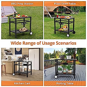 Outdoor Grill Cart Pizza Oven Stand with Foldable Side Table, 33.5" x 19.7", BBQ Prep Table with Wheels & Hooks, Side Handle, Double-Shelf Grilling Cart Tabletop Griddle Cooking Station,Silver