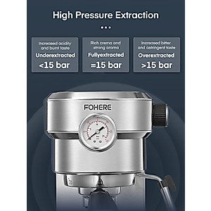 FOHERE Espresso Machine, 15 Bar Espresso and Cappuccino Maker with Milk Frother Steam Wand, Professional Espresso Coffee Machine for Espresso, Cappuccino, Latte and Mocha, Brushed Stainless Steel