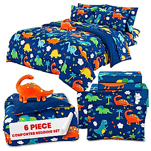 Sapphire Home 6 Piece Dinosaur Twin Bedding Set for Boys, Bed in a Bag, Kids Comforter Set with Bed Sheets, Pillow Case, Toy Pillow, Toddler Bedroom Kit, Dinosaur Room Decor for Boys, Twin Size