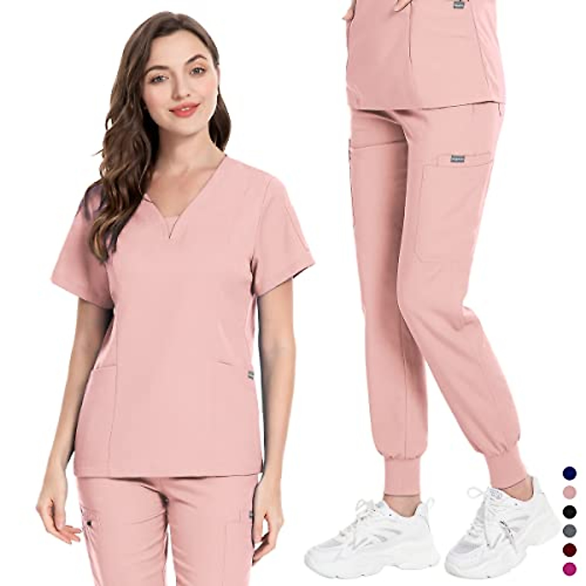niaahinn Scrub Suit Set for Women Modern V-neck + Leg Drawstring Jogger Pants Medical Nursing Uniforms Set (Pink,S)