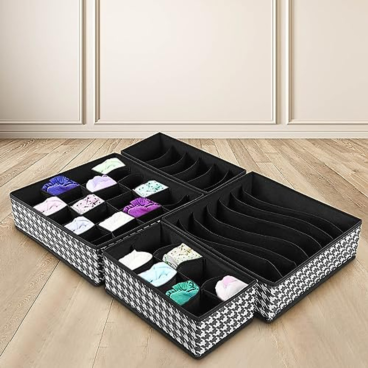 Underwear Drawer Organizers, Set of 4 Closet Organizer Divider, Foldable Fabric Dresser Storage Box for Bra, Handkerchiefs, Ties, Undergarment, Belt, Panties, Socks
