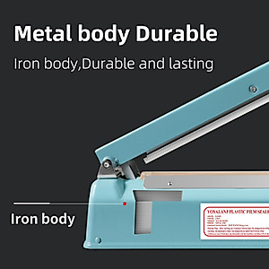Metal body,Impulse Sealer 8 inch, Manual Heat Sealer Machine for Plastic Bags, Shrink Wrap Bag Sealers Heavy Duty Sealing Machine With Repair Kit (Blue)
