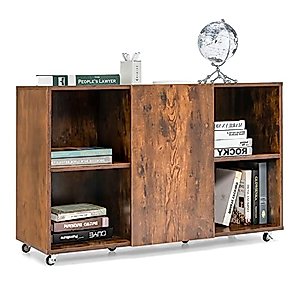 Tangkula Wood File Cabinet with Wheels, Mobile Storage Cabinet with 6 Compartments, Open Storage Shelf, Large Lateral Filing Cabinet, Storage Unit Bookcase for Home, Office (Rustic Brown)