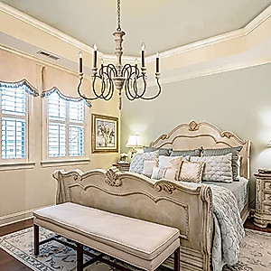 LALUZ Farmhouse Chandelier, French Country Chandelier for Dining Room, 6-Light, Handmade Distressed Wood, 31”Dia