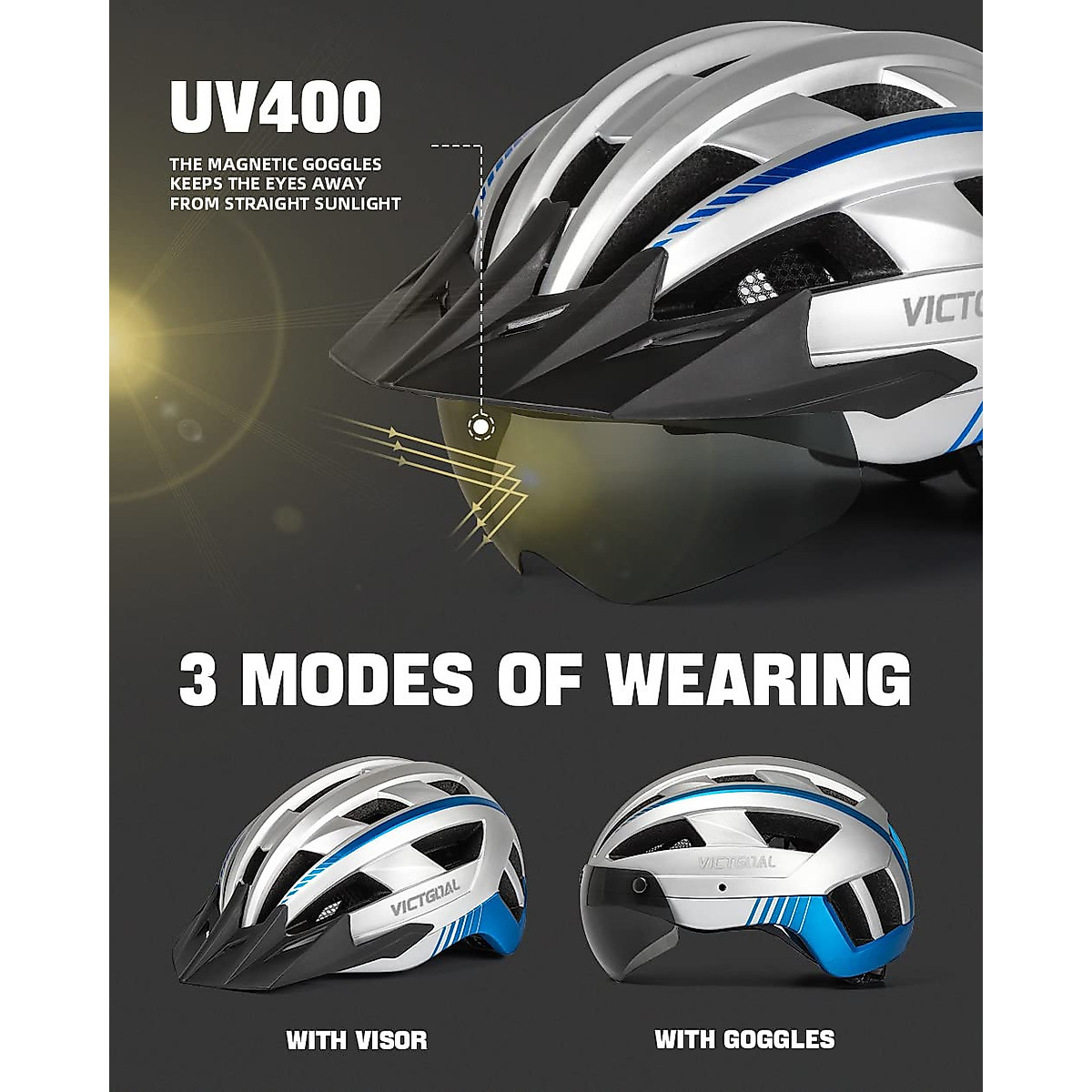 VICTGOAL Bike Helmet with USB Rechargeable Rear Light Detachable Magnetic Goggles Removable Sun Visor Mountain & Road Bicycle Helmets for Men Women Adult Cycling Helmets (L: 57-61 cm, Silver)