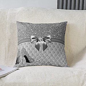 Glitter Diamond Reversible Throw Pillow Covers Pastel Grey Square Cushion Covers Set of 1 for Kids High Heels Pillow Covers Home Decor Dreamy 18 x 18-Inch