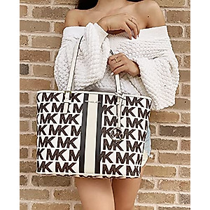 Michael Kors Jet Set Travel Medium Carryall Tote Graphic MK White Stripe Bundled with Michael Kors Jet Set Large Brown Trifold Wallet