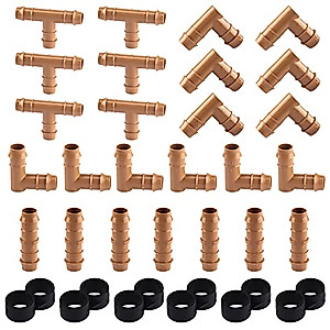 28PCS 1/2 in Drip Irrigation Fittings Kit, Irrigation Tubing Parts, Barbed Connector Include 10 Couplings, 6 Tees, 6 Elbows, 6 End Caps, Drip Line Connectors for Garden Drip or Sprinkler System