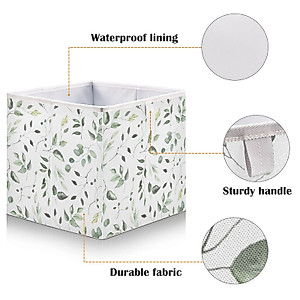 Kigai Green Leaves Cube Storage Bins - 11x11x11 in Large Foldable Cubes Organizer Storage Basket for Home Office, Nursery, Shelf, Closet