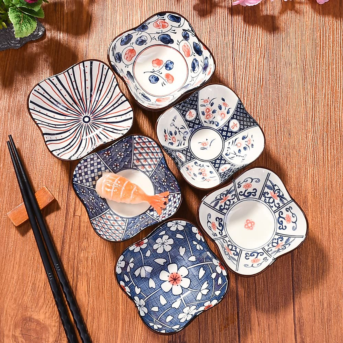 BOSILI Sauce Bowl Set of 6-4 OZ Sauce Plate, 6 Different Pattern Dipping Bowls/Dish, Mini Small Bowls for Soy Sauce, Ketchup, Condiments, Salad Dressing, Spices