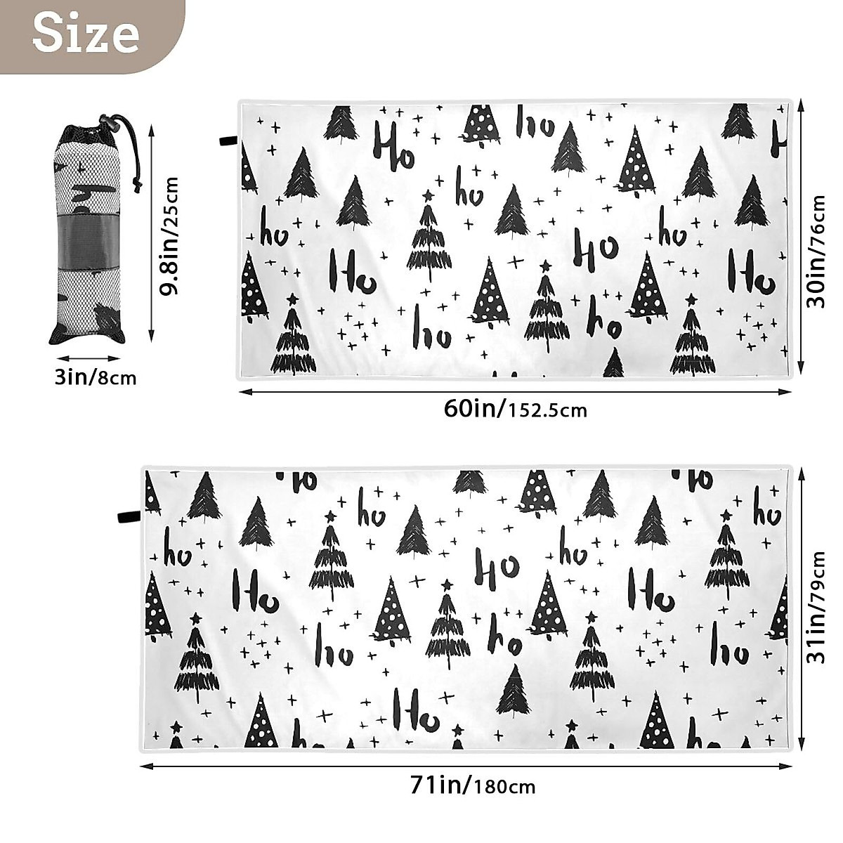 Christmas Tree Hohoho Black Beach Towel Quick Dry Microfiber Beach Towels Oversized SandProof Travel Towel for Women Girls Boys Adults Bath Towel for Bath Vacation Body Pool Gym Camping, 31”x 71”