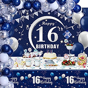 Navy Blue 16th Birthday Decorations for Boys and Girls, Happy 16th Birthday Backdrop, Tablecloth, Balloons Garland Arch Kit - 16th Birthday Banner Party Supplies Bday Decor for Sweet 16 Year Old Teen