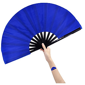 Amajiji Large Folding Hand Rave Fan for Women/Men, Chinease/Japanese Bamboo and Nylon-Cloth Folding Hand Fan for Performance, Festival, Events, Gift, Craft, Dance, Decorations (Blue)