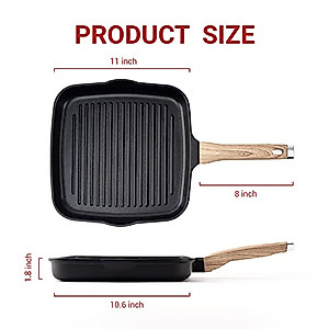 Sakuchi 11 Inch Grill Pan for Stove Tops Induction Compatible，Nonstick Square Griddle Pan for Grilling, Frying, Sauteing