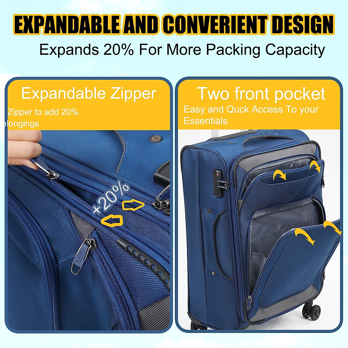 Pianeta Softside Luggage Sets With Spinner Wheels, Softshell Lightweight Suitcase With Expandable And TSA Lock, 3pcs Set (blue)