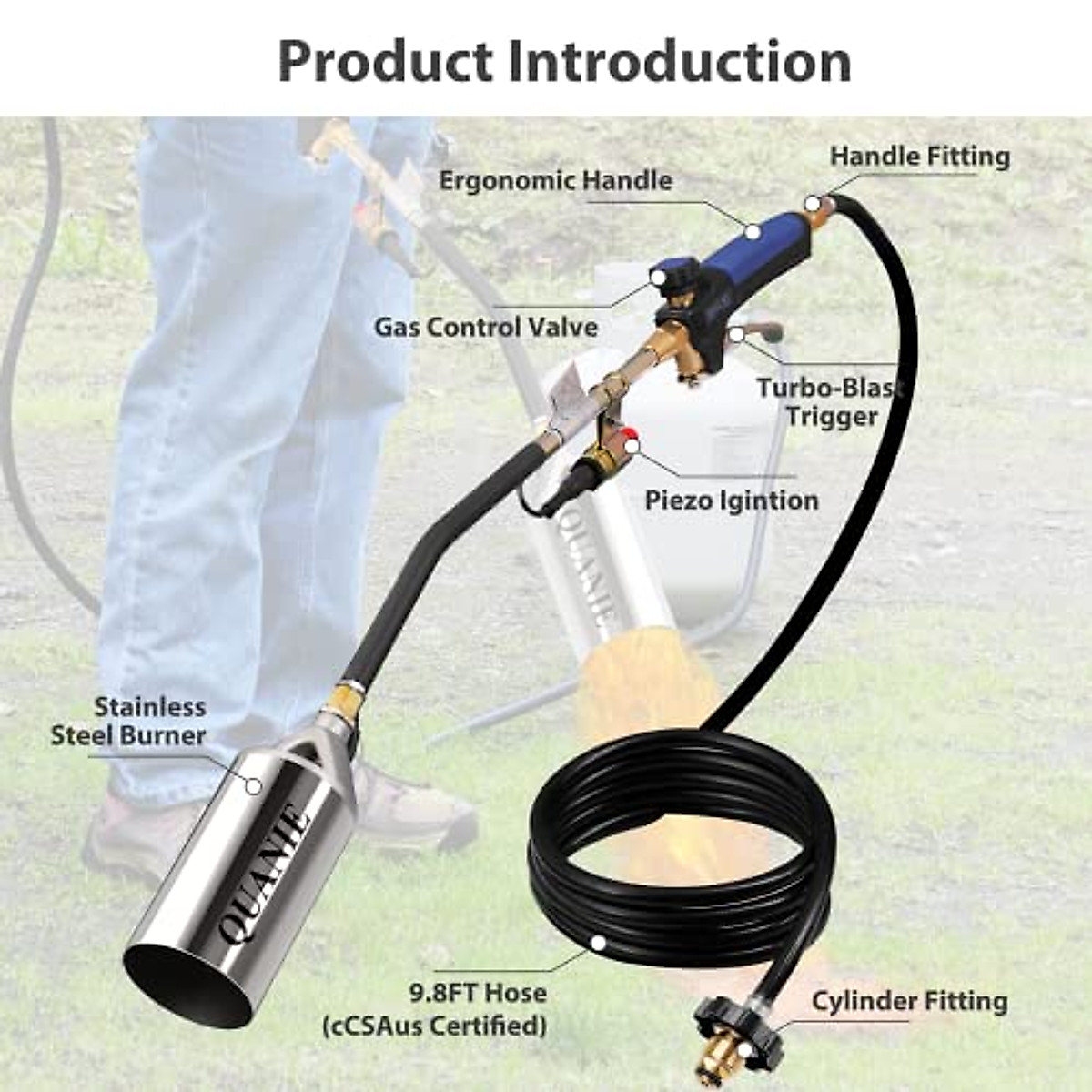 Propane Torch Burner Weed Torch High Output 800,000 BTU with 9.8FT Hose,Heavy Duty Blow Torch with Flame Control and Turbo Trigger Push Button Igniter,Flamethrower for Garden Wood Ice Snow Road (Blue)
