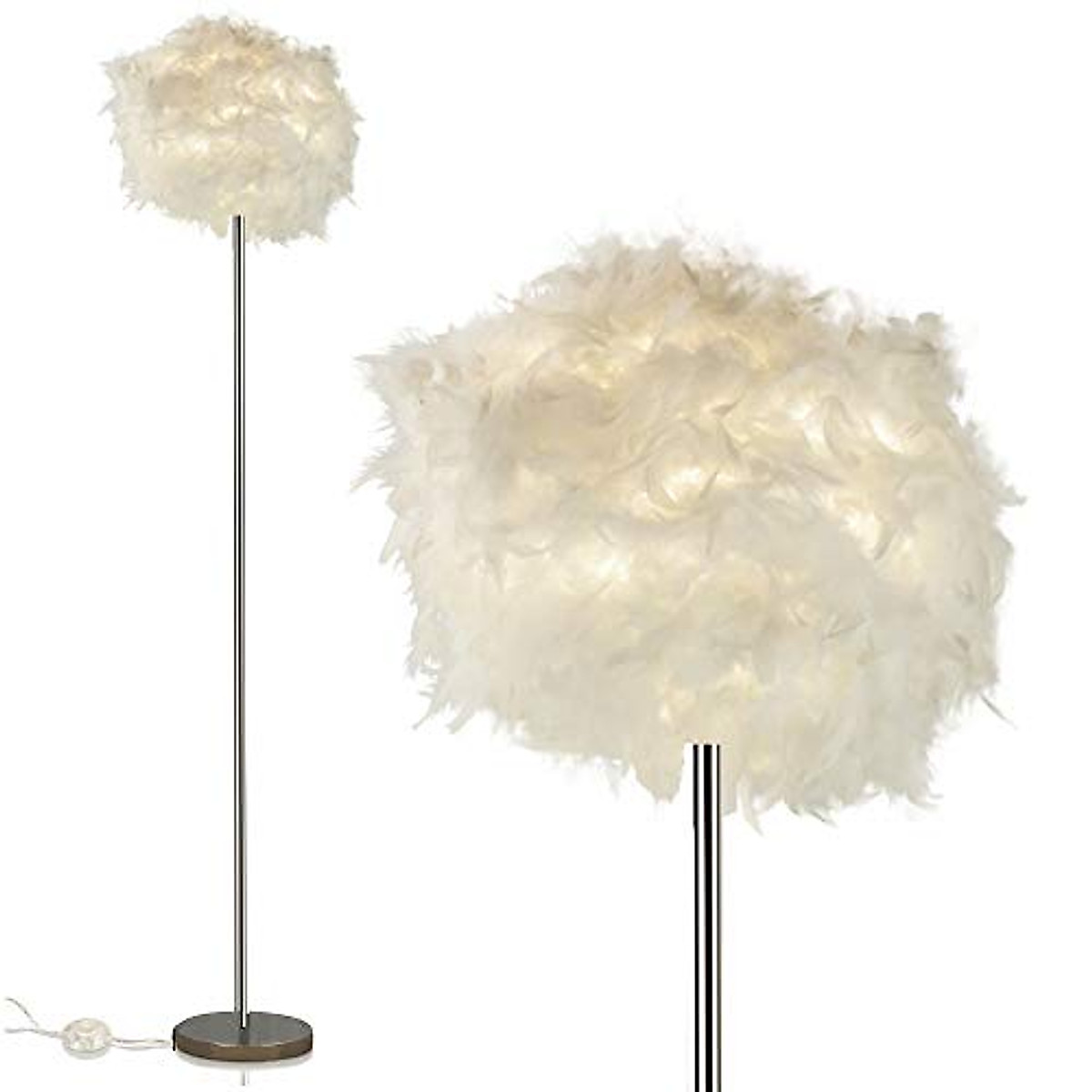 LIGHTACCENTS Feather Floor Lamp with White Shade - Standing Lamp for Living Room - Floor Lamp for Bedroom - Glam Floor Lamp - Chic Feather Shade Polished Chrome Metal Finish