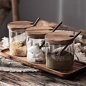 Freehawk Condiment Container Seasoning Box Set Salt Sugar Spice Pepper Condiment Container Kitchen Cruet Seasoning Pots with Bamboo Wooden Spoon Lid and Base,Set of 3(250ml Round Shape)