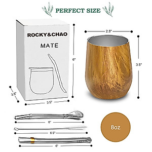 2 Pack 8 Ounces Modern Mate Cup Yerba Mate Tea Cup Set - Including Two Bombilla (Yerba Mate Straw), Lid & Cleaning Brush, Mate Cup for Drinking - Stainless Steel, Double-Wall (Black and Brown）