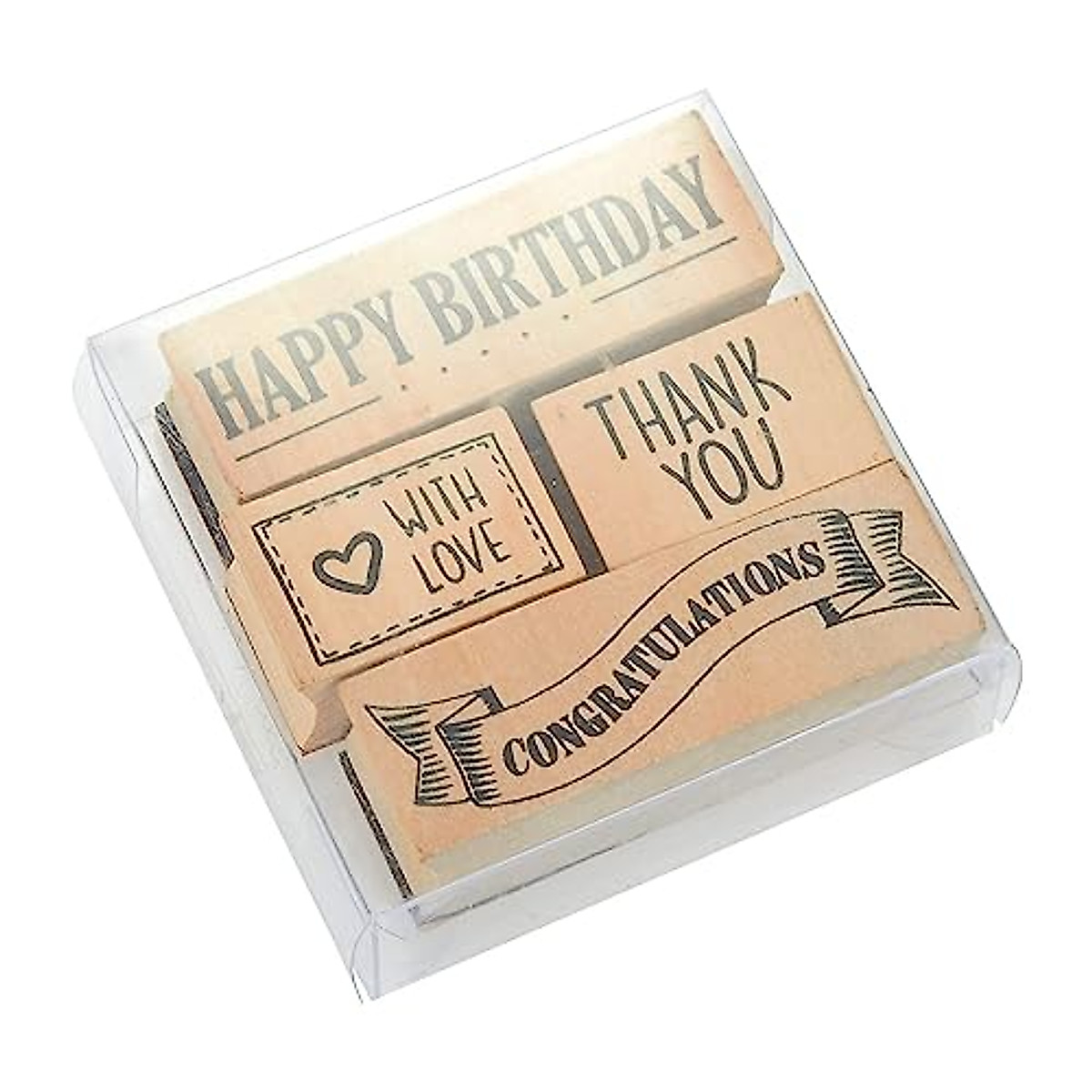 4-Piece Card Making Stamps Set - Wood Mounted Rubber Stamps for Card Making, DIY Crafts, Scrapbooking - Happy Birthday, Thank You, Congratulations, with Love