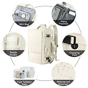 Hanples Extra Large Travel Backpack for Women as Person Item Flight Approved, 40L Carry On Backpack, 17 Inch Laptop Backpack, Waterproof Backpack, Hiking Backpack, School Bag(Beige)