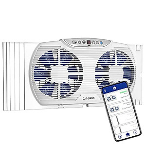 Lasko W09560 Bluetooth Enabled Twin 9-Inch Window Fan with Independent Electrically Reversible Intake & Exhaust Motors with Thermostat and Timer for Bedroom Indoor Home Use, White